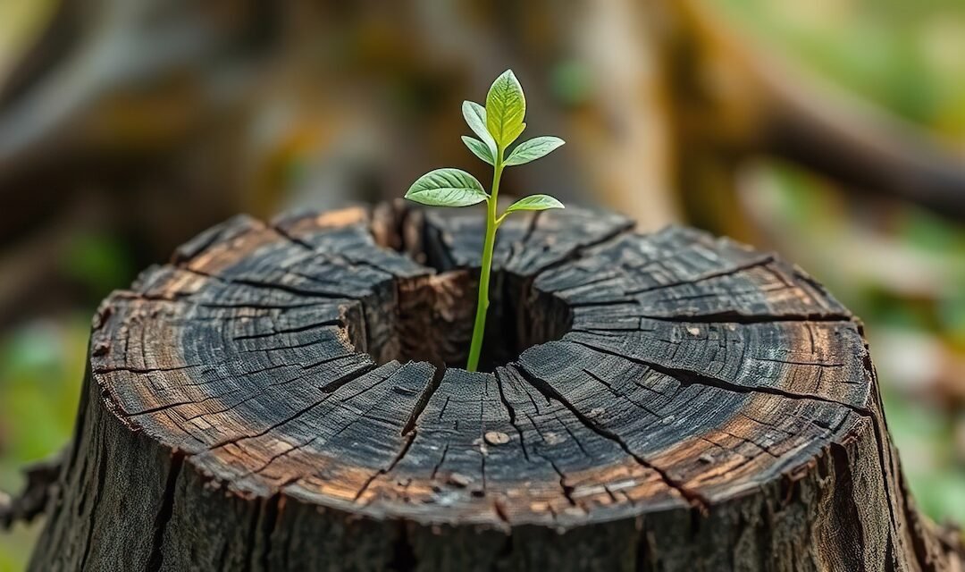A sprout emerging from the base of a cut-down tree’s stump, stump ...